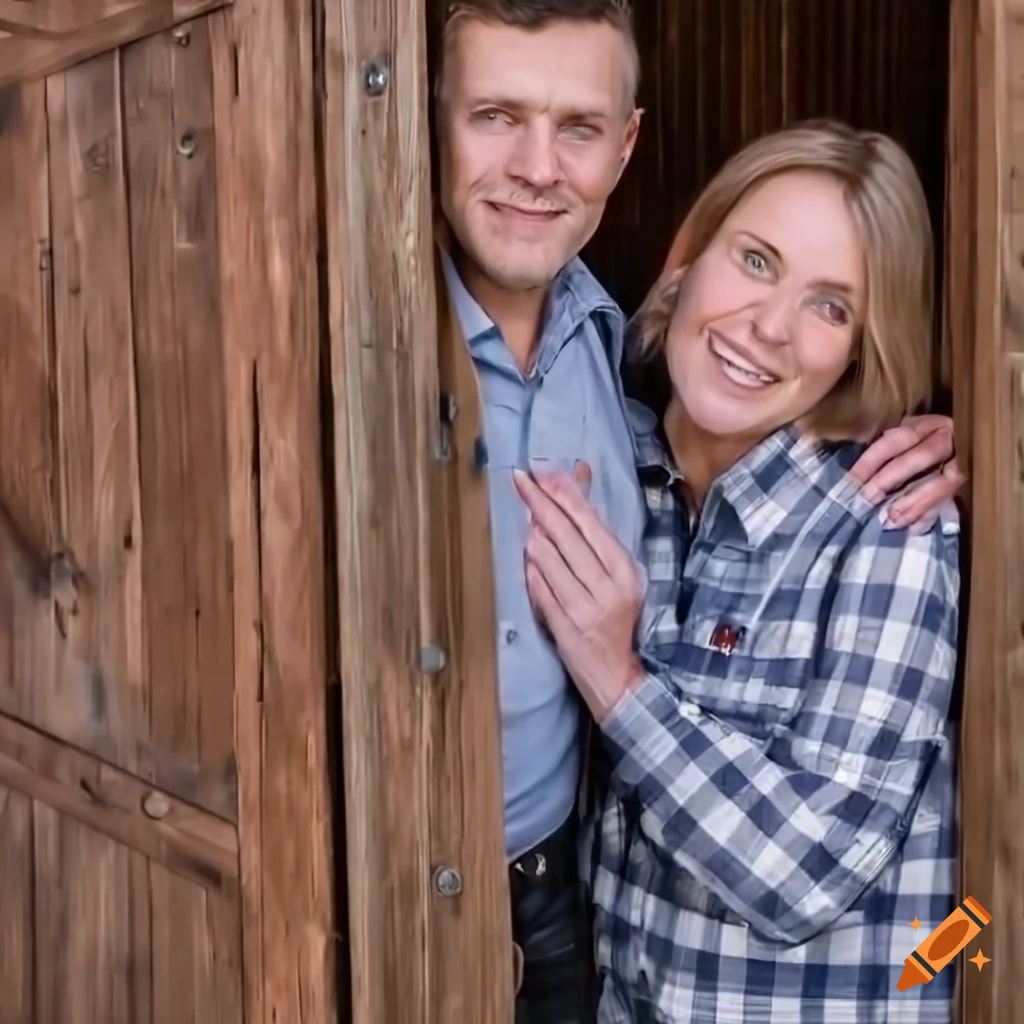 English couple in country attire peeping through barn door on Craiyon