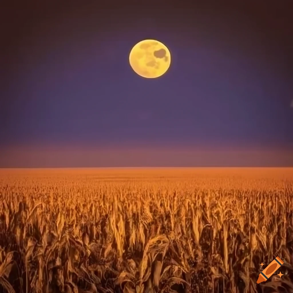Corn field at night under a moonlit sky with ochre atmosphere on Craiyon