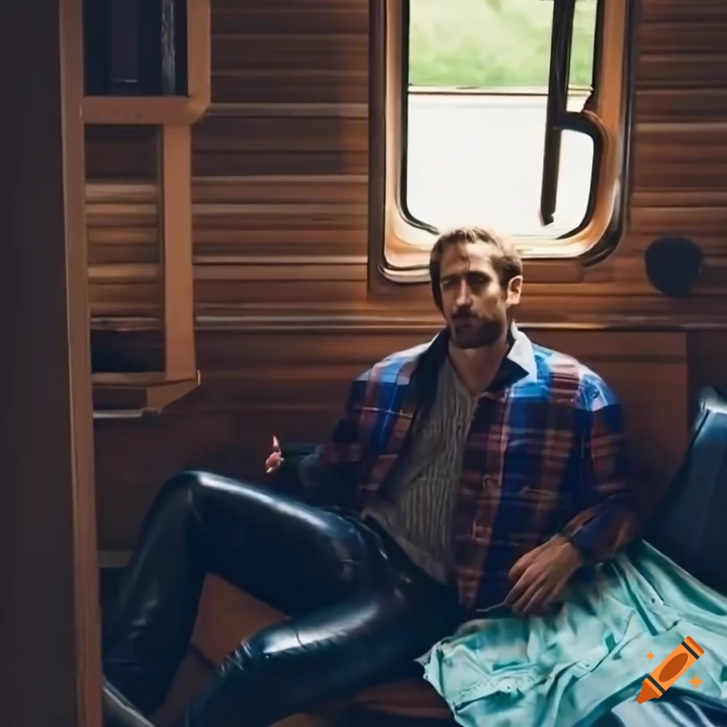 Actor resembling Jake Gyllenhaal sitting in a vintage caravan trailer ...