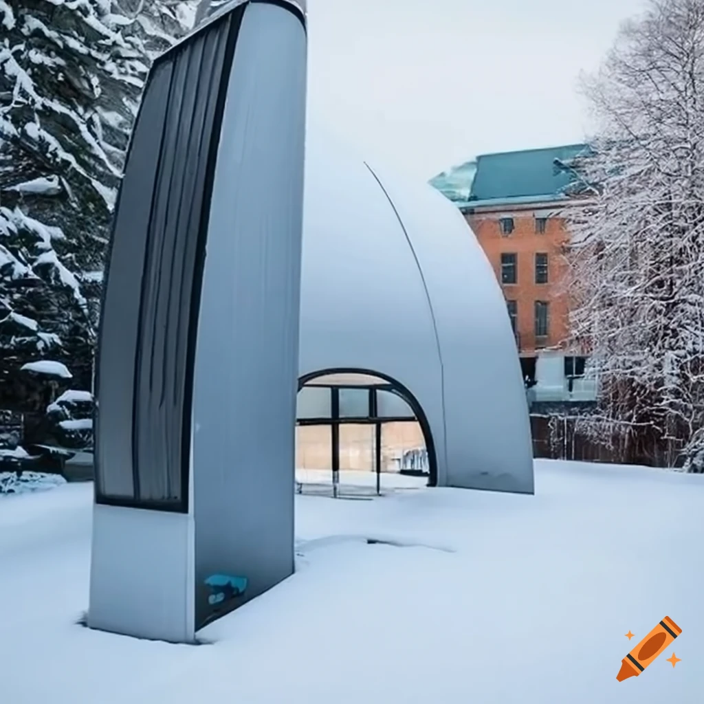Futuristic curvy bus stop with see-through walls in a snowy Finnish ...