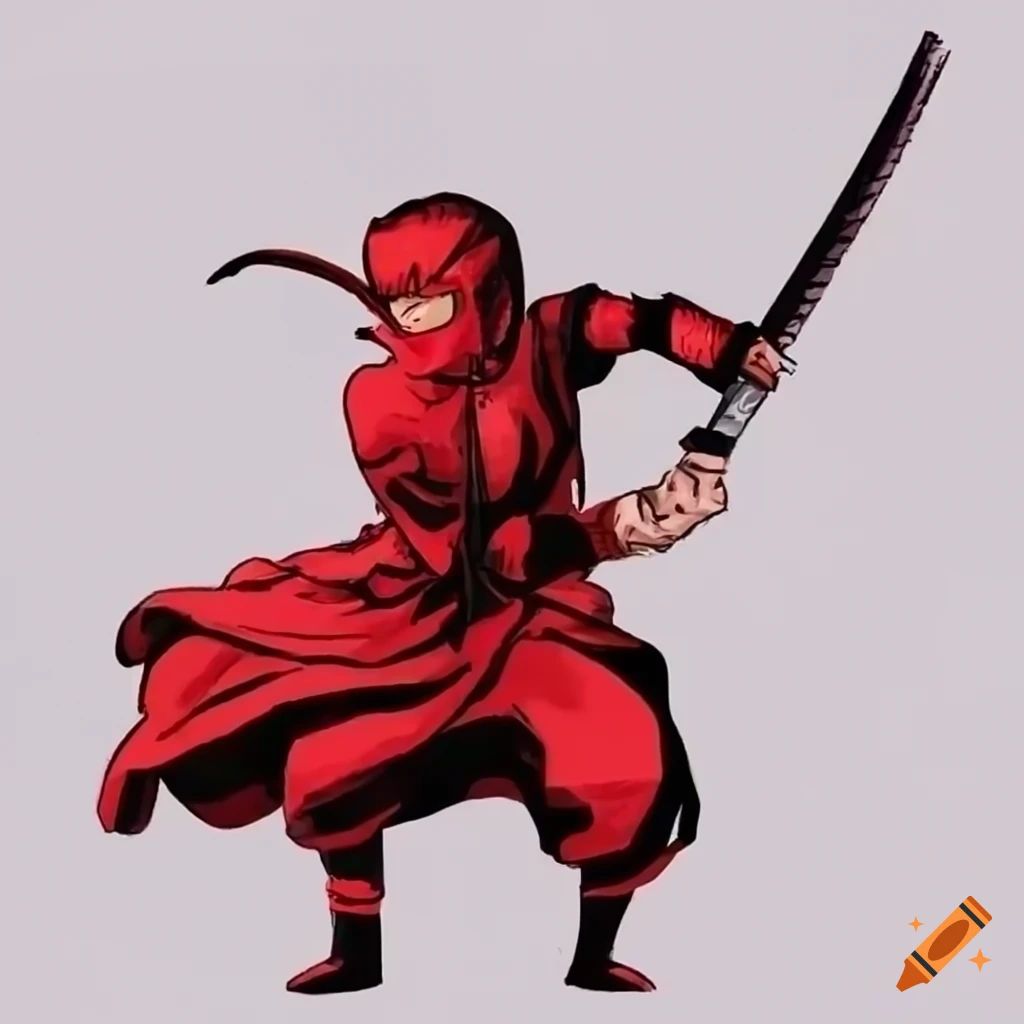 Red ninja wielding a katana in an artistic drawing style on Craiyon