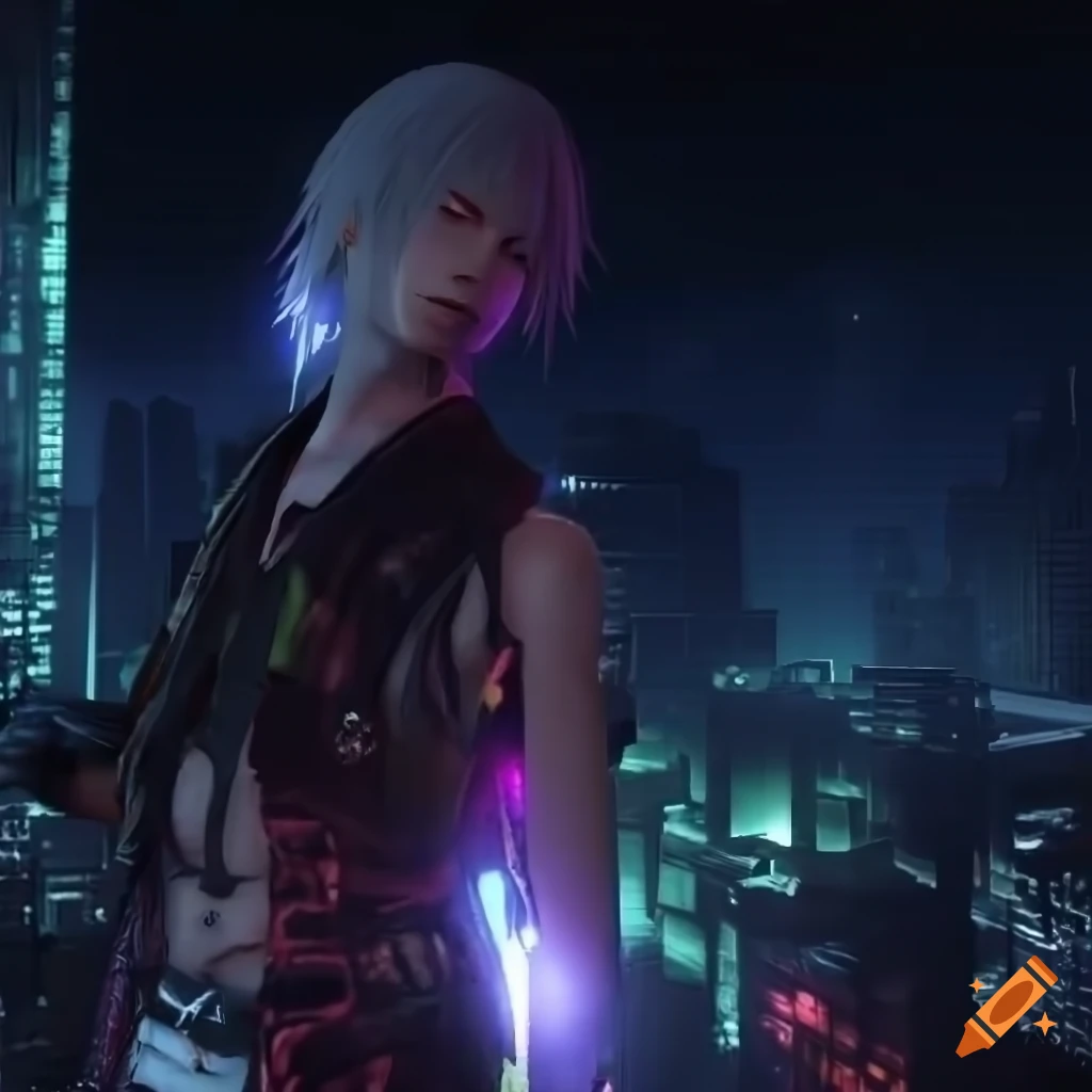 Fantasy character overlooking city at night with full moon and ufo on ...