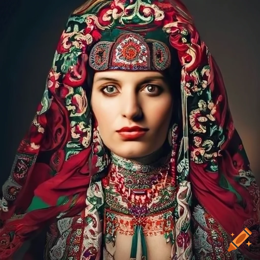 Bulgarian woman wearing traditional ornamental dress on Craiyon