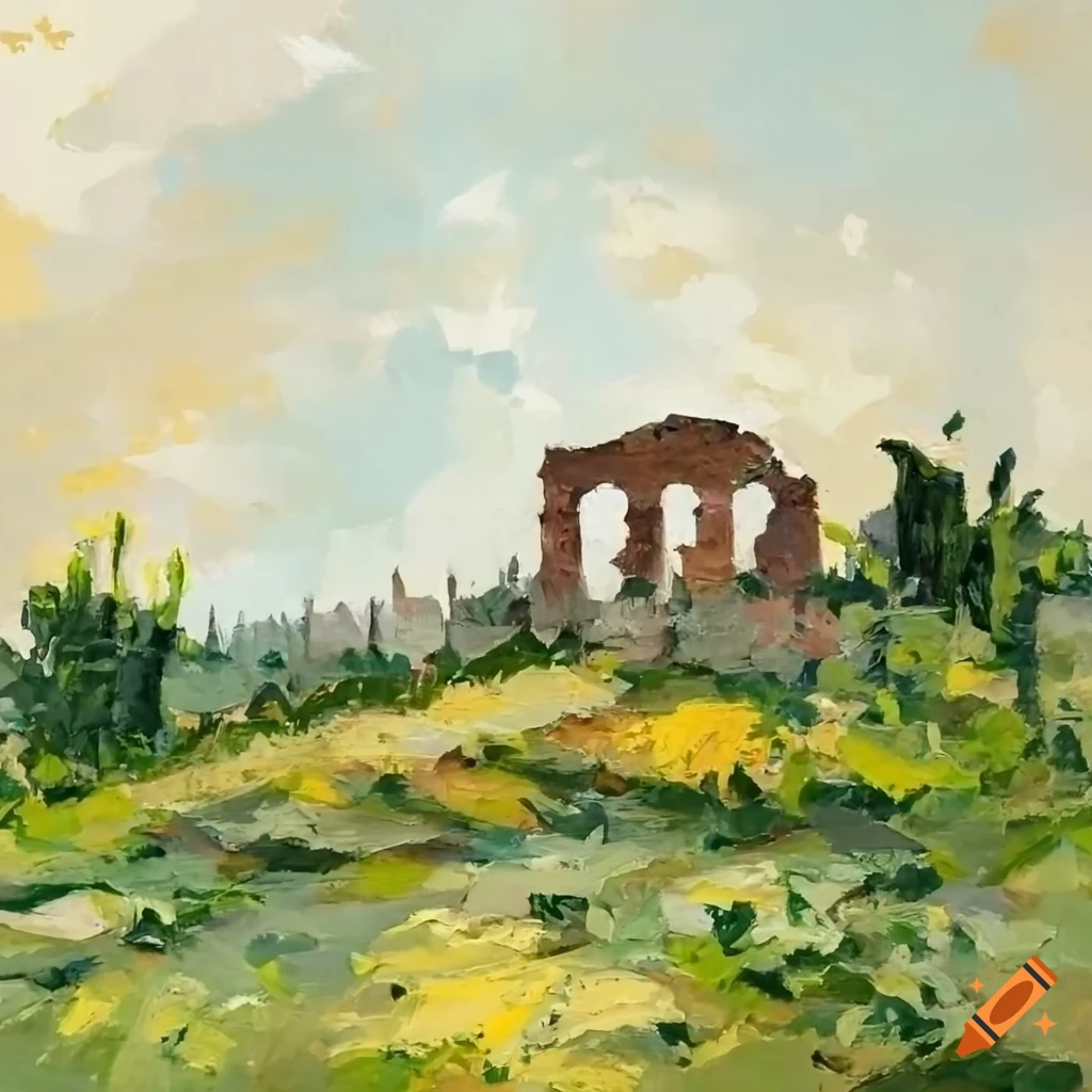 Painted landscape of overgrown roman ruins in natural colors on Craiyon