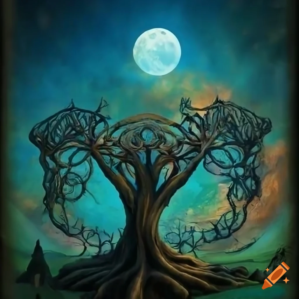 Scary huge stone tree-like structures in moonlight with spirals in an ...