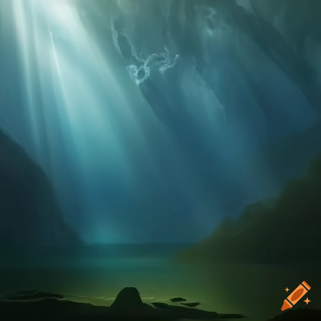 God rays shining on a mountain lake creating a sense of naturalism and ...