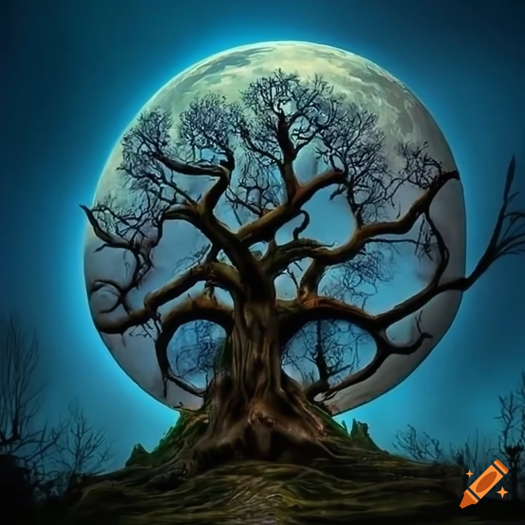 Scary huge stone tree-like structures in moonlight with spirals in an ...