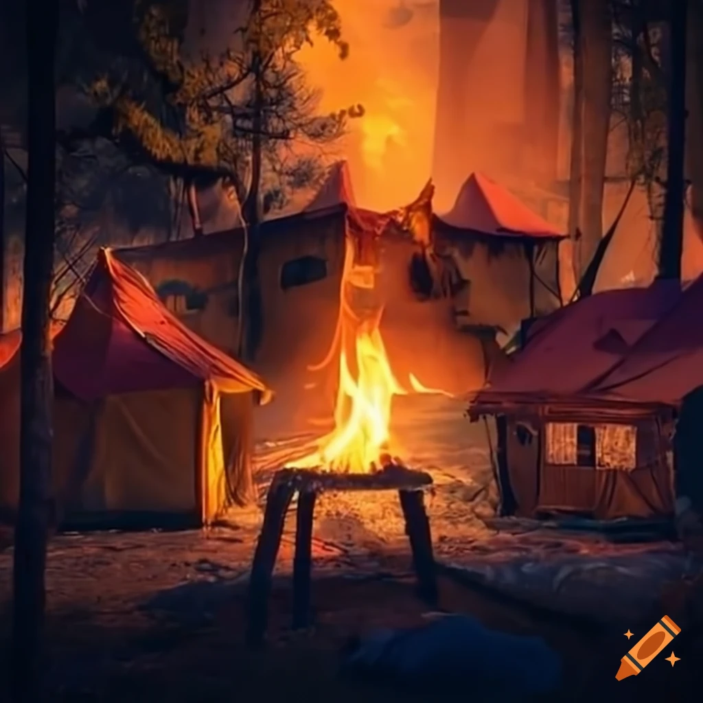 Village scene with a campfire on Craiyon