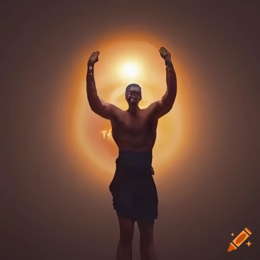 Circle of men worshiping the sun with outstretched arms on Craiyon