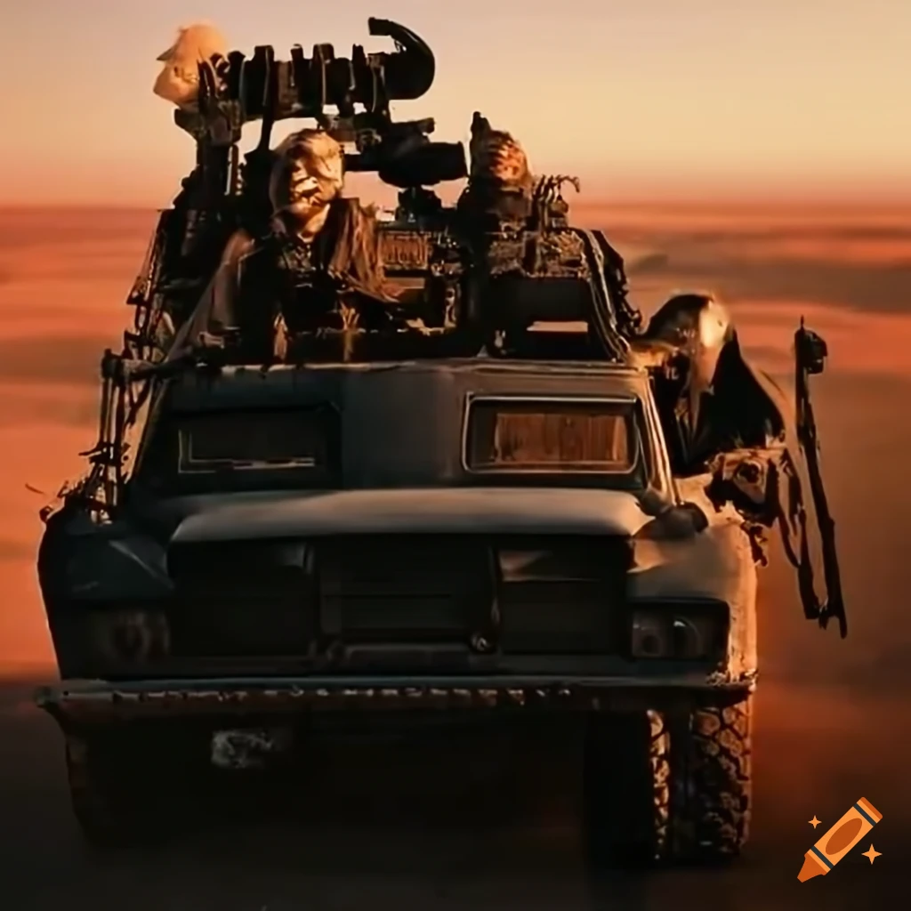 Mad max style vehicle with missiles and machine guns driving through ...
