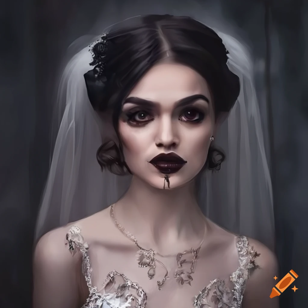 Portrait of vampire bride Rachel Zegler in white satin with a haunted ...