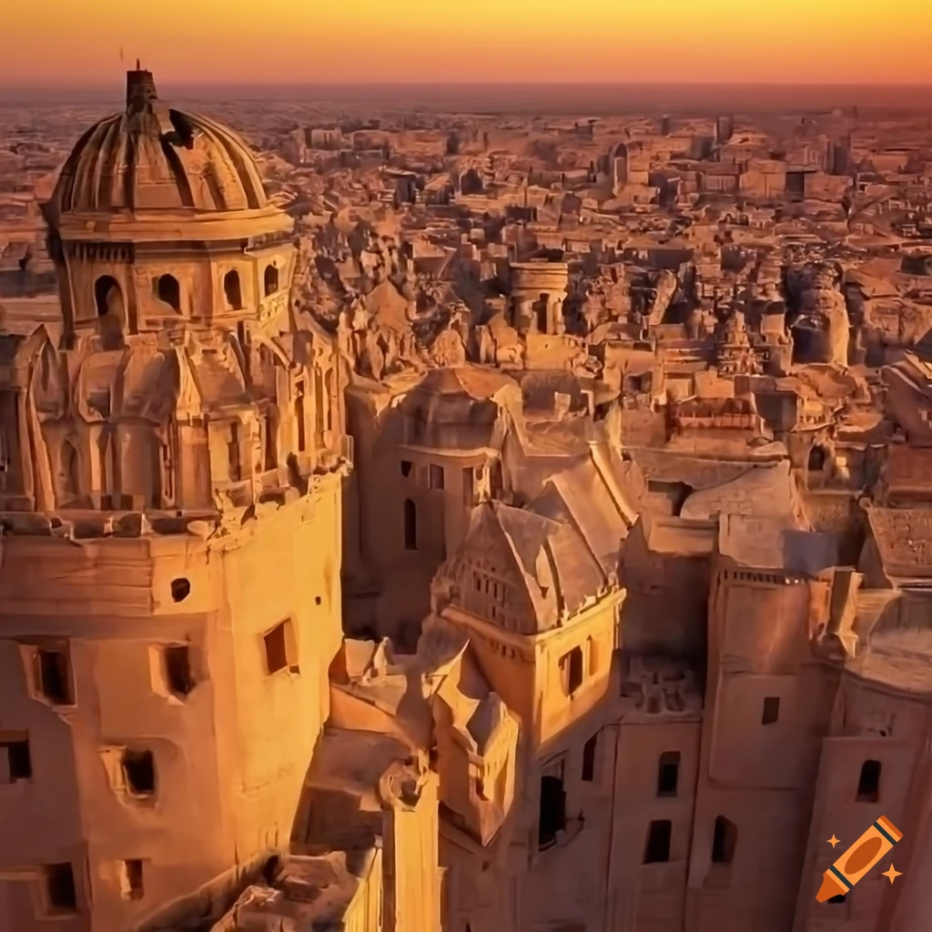 Medieval sandstone city in a desert at sunset viewed from above on Craiyon