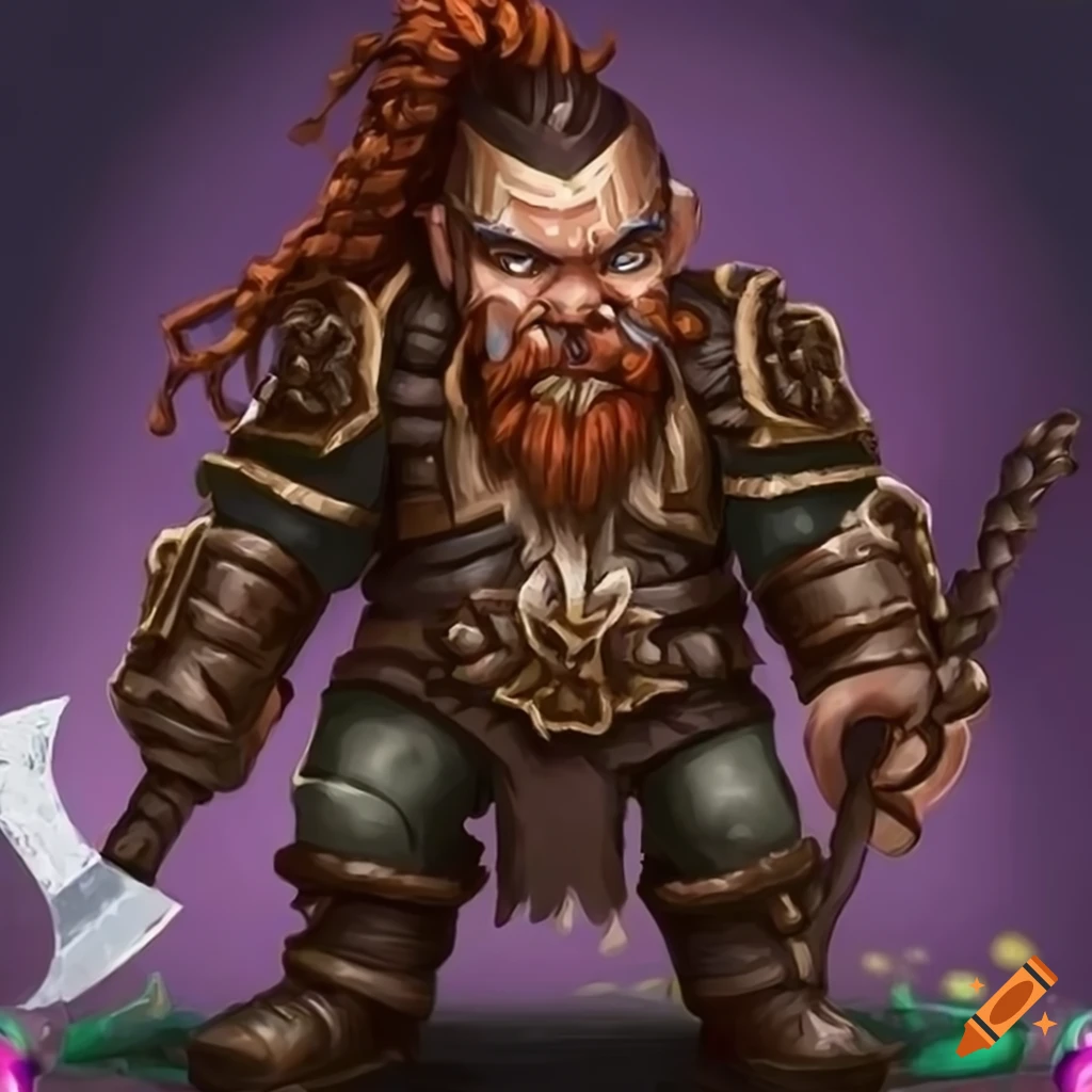 Dwarf with hand axe and dark skin featuring braided hair on Craiyon