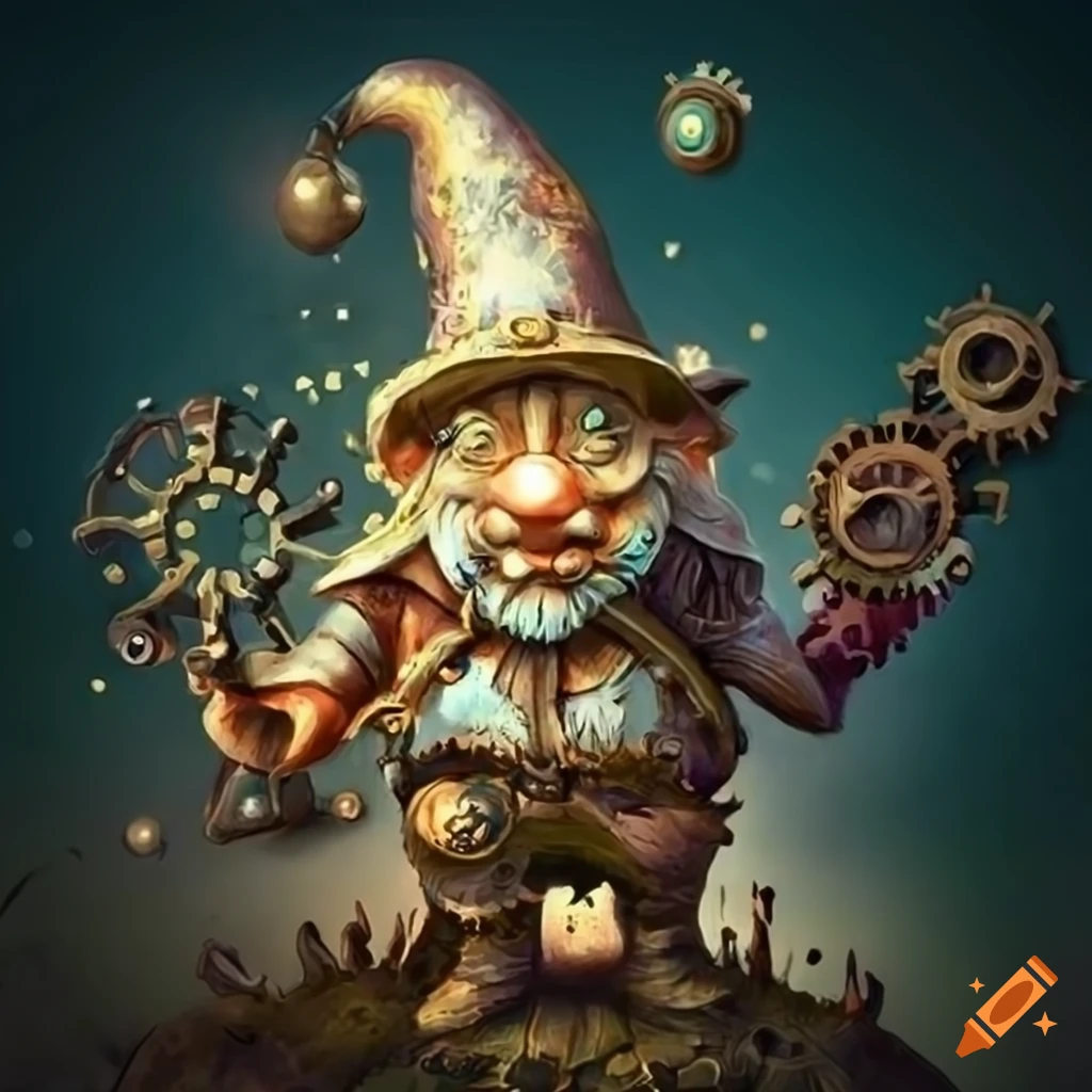 Intricate steampunk garden gnome with cogwork innards in fantasy art ...
