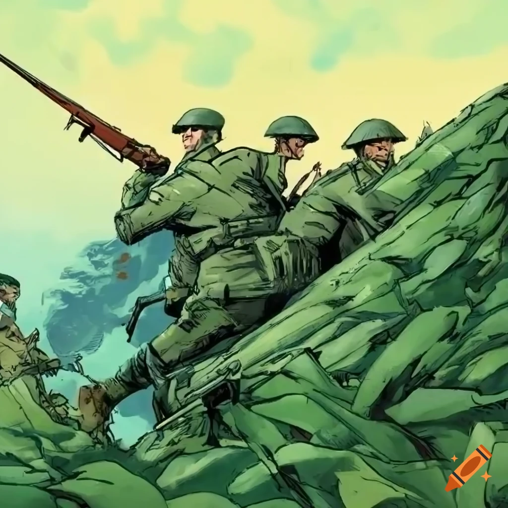 Soldiers rushing a trench in a WW2 setting with a 90's comic art style ...
