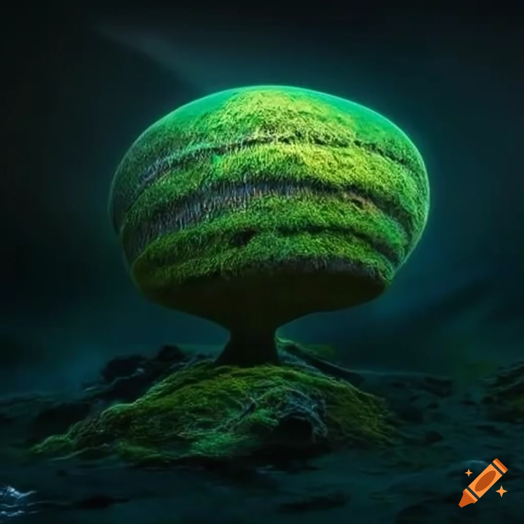 Moss-covered tree-like structure on the moon of an exoplanet on Craiyon