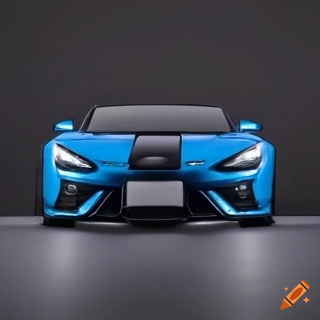 Blue Japanese sports car on a black background with spot lights, front ...