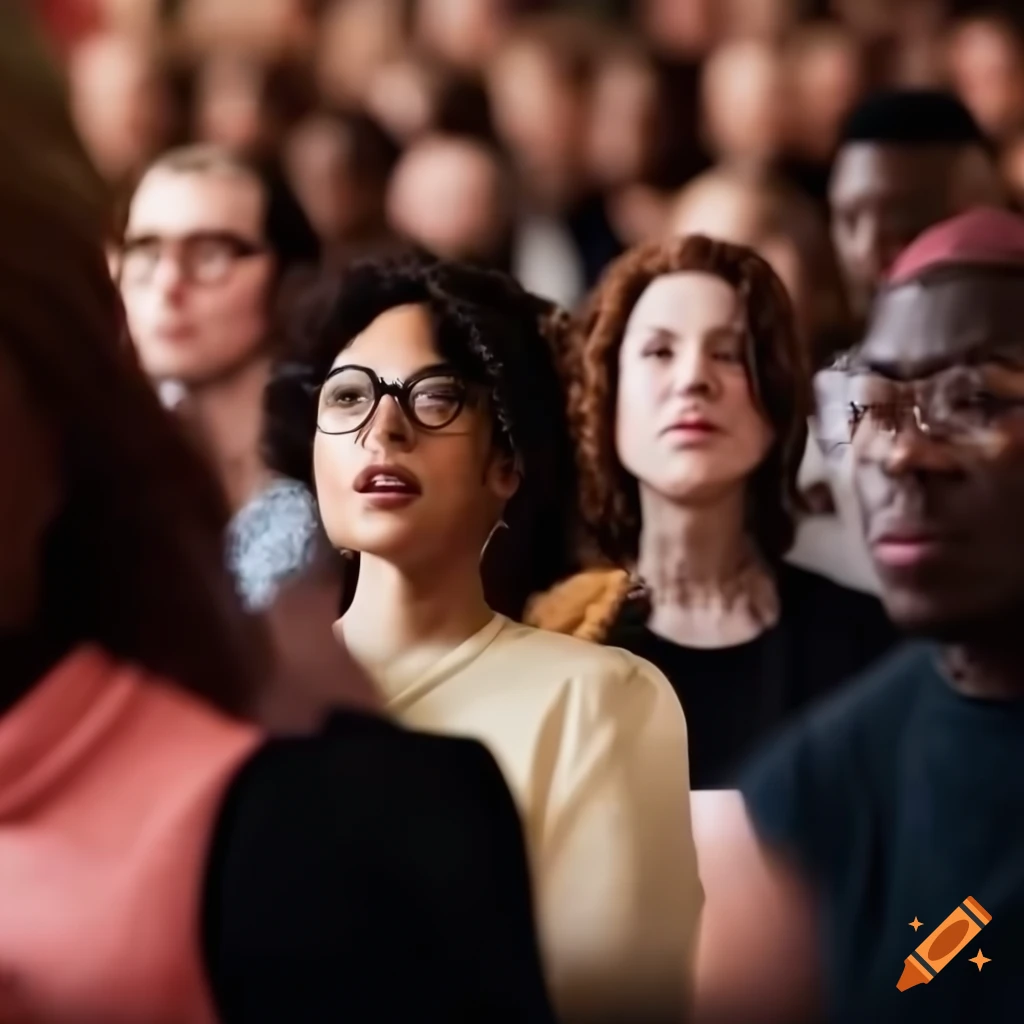 Diverse group of individuals having a peaceful discussion around a speaker in a church on Craiyon