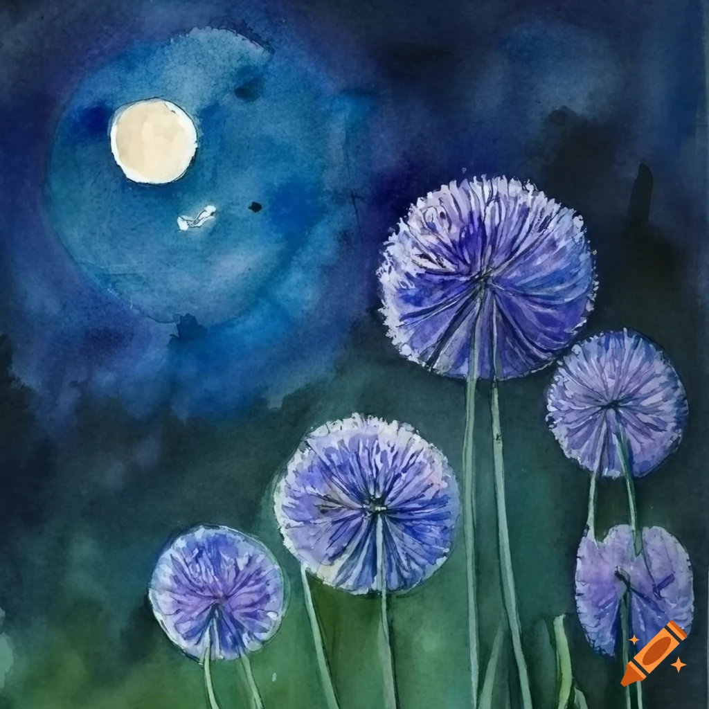 Watercolour painting of an azure allium under moonlight on Craiyon