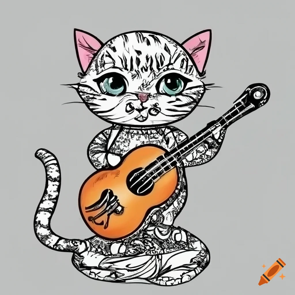 Black and white coloring page of cute cats playing musical instruments ...
