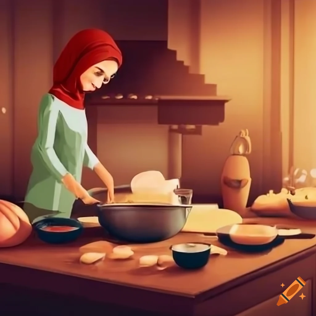 Muslim kitchen scene with women cooking on Craiyon