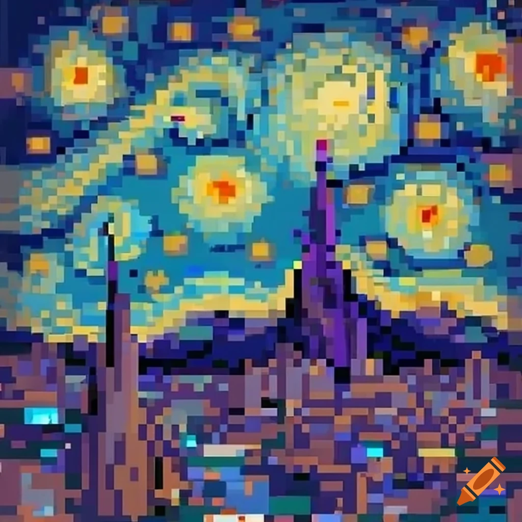 Pixel art reinterpretation of 'starry night' on Craiyon