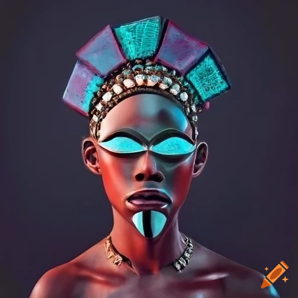 Being with afro-futuristic ancestral style wearing an african mask on ...