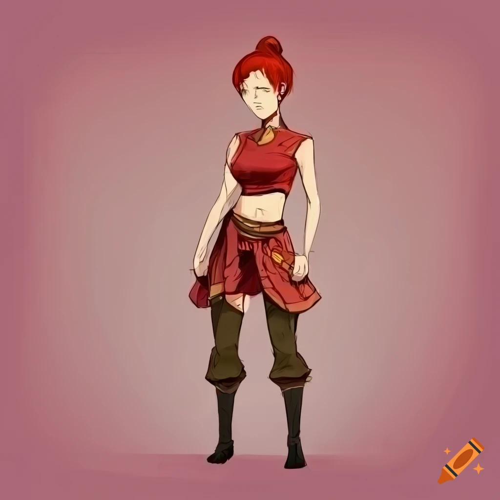 Female earthbender with red hair and crop top in anime style on Craiyon
