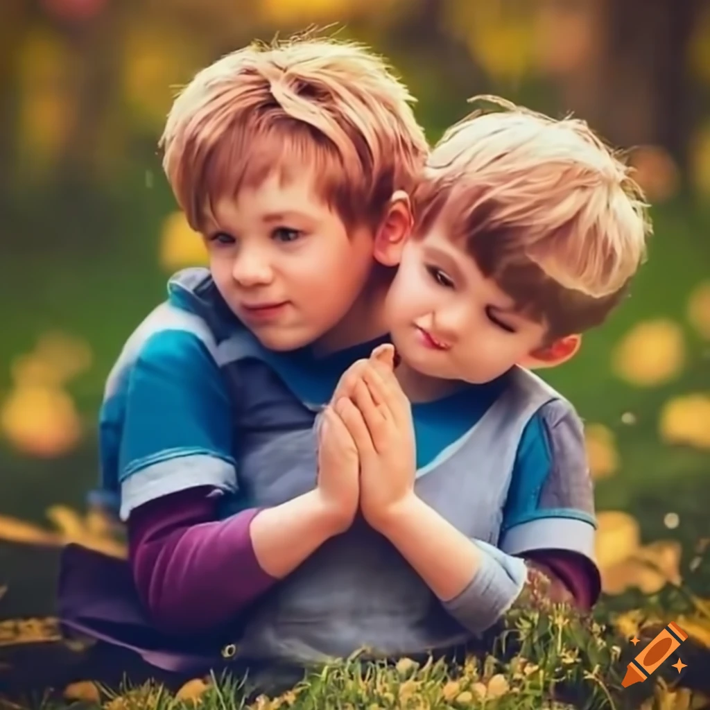 Two brothers holding hands and praying in a blooming spring garden on ...