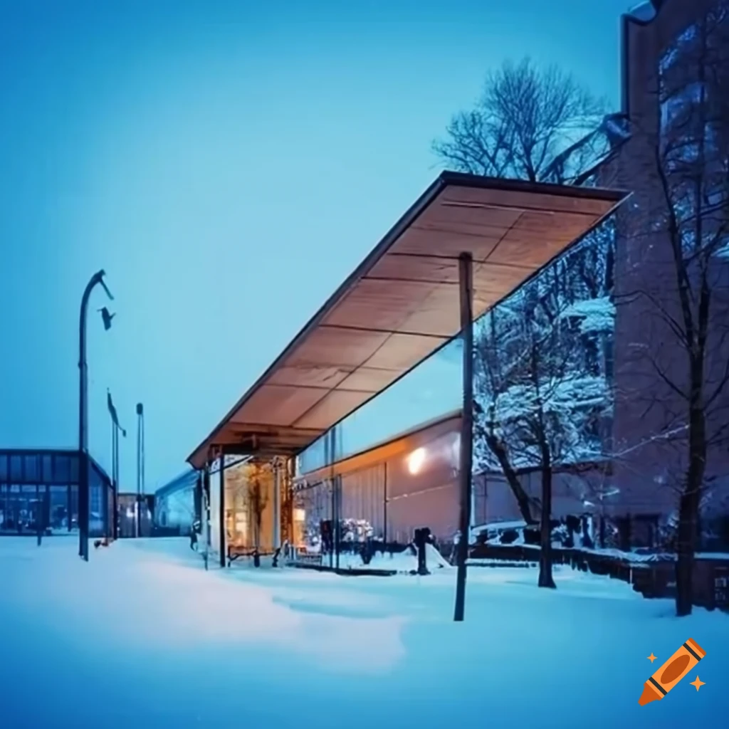 Futuristic bus stop with see-through walls and wooden roof in a snowy ...