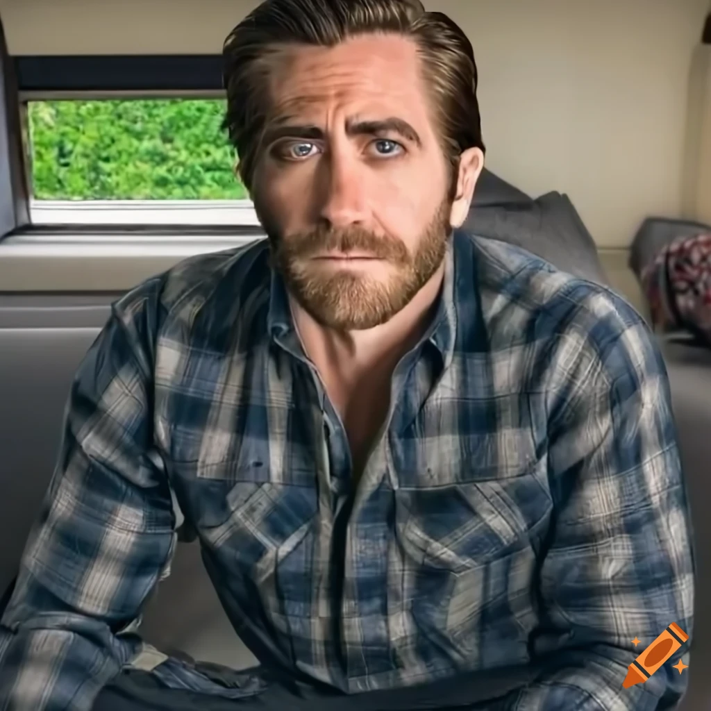 Actor resembling Jake Gyllenhaal sitting relaxed in an old caravan ...