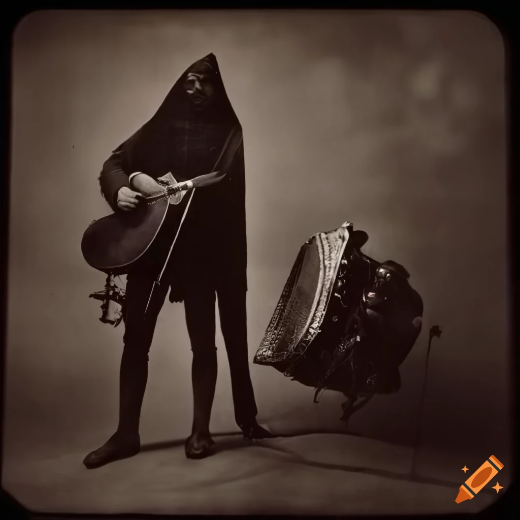 Historical portrait of hooded pagan cultists with musical instruments ...