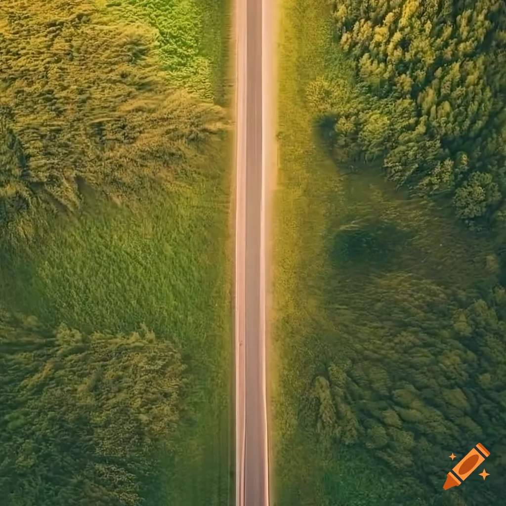 Aerial view of a dirt road surrounded by grass on Craiyon