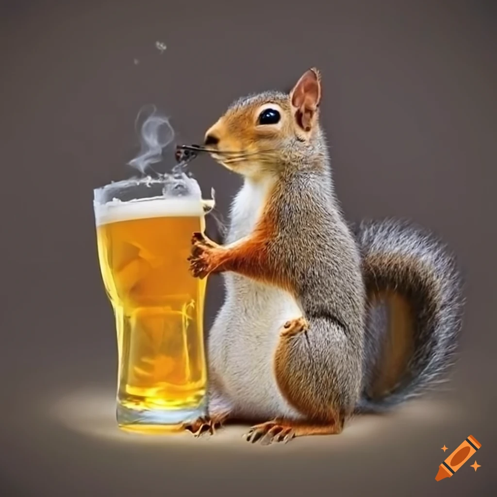 Squirrel enjoying a beer and smoking on Craiyon