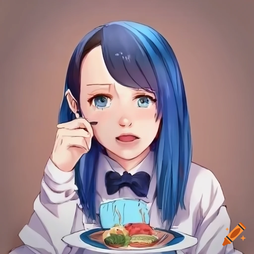 Female food critic expert with stern expression and blue hair in anime ...