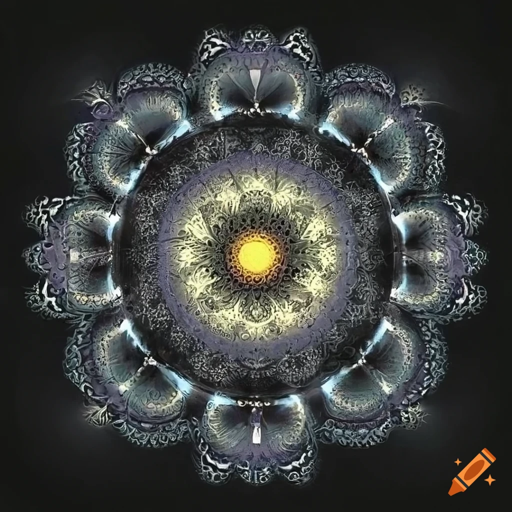 Intricate mandala painting with chakra elements in dark grey and black ...