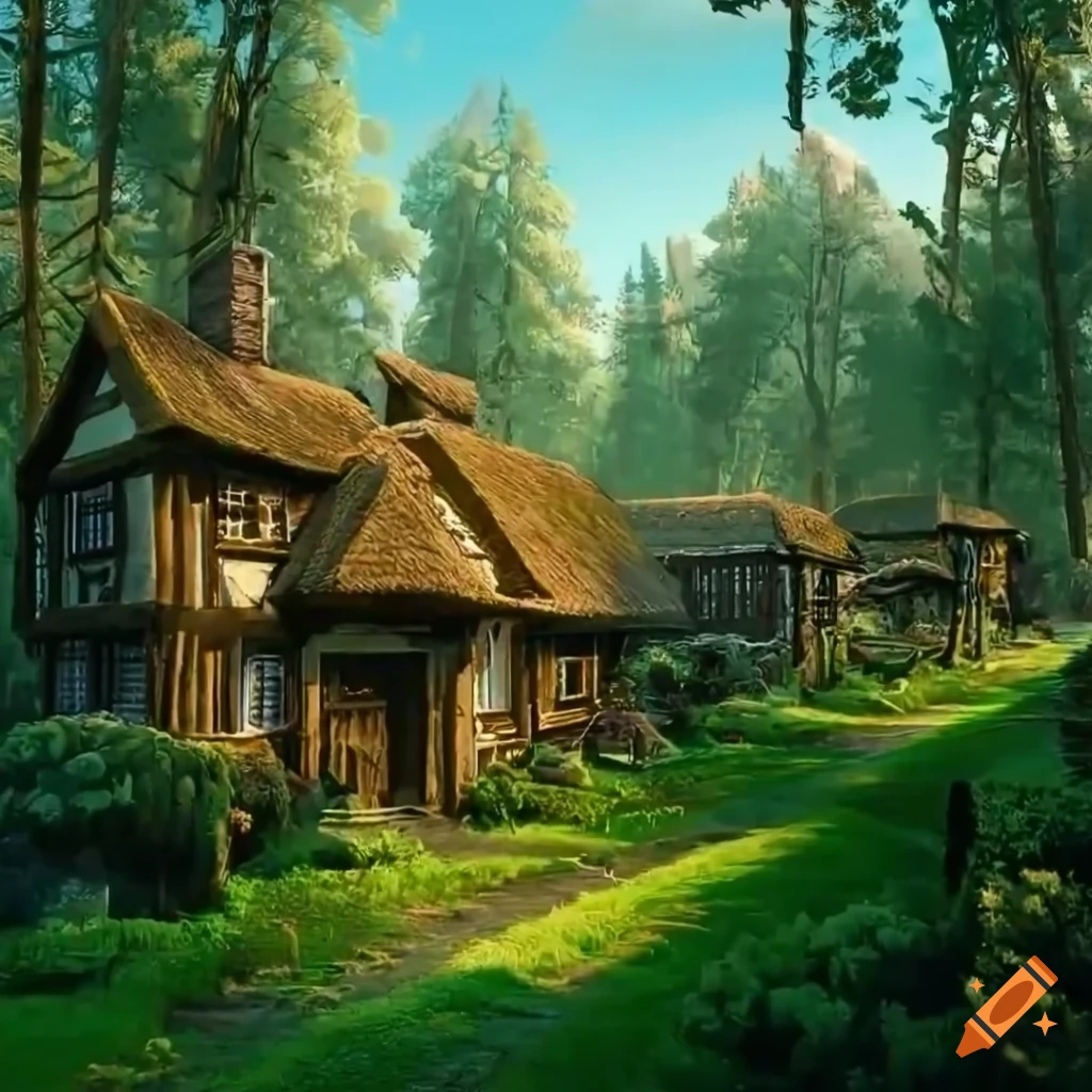 Medieval cottage village hidden in a forest with cobblestone paths and ...