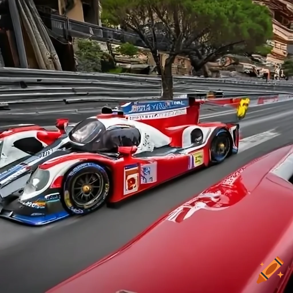 Porsche and ferrari racing in monaco with lmp1 cars on Craiyon