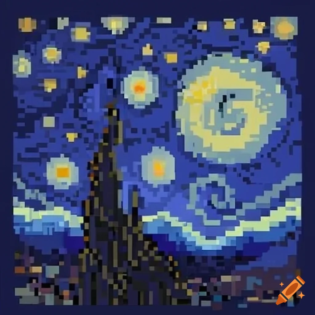 Pixel art reinterpretation of 'Starry Night' on Craiyon