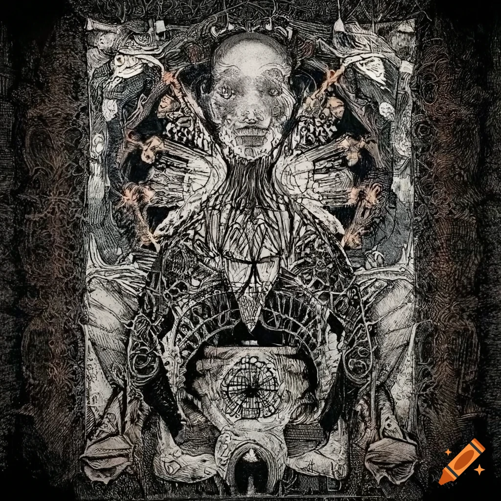 Surrealist gothic artwork with intricate designs and symbolic motifs on ...