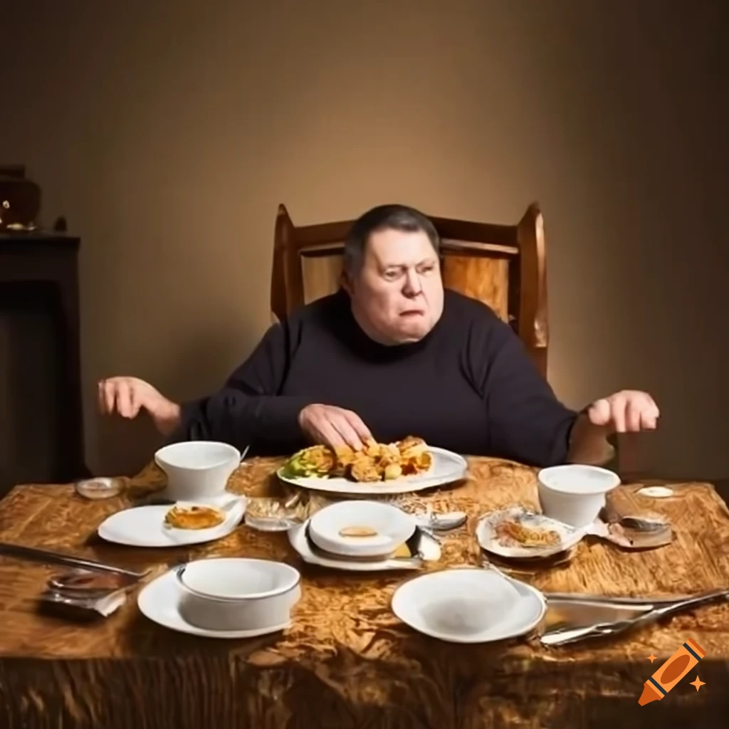 Large man sitting at a table with piles of food on Craiyon