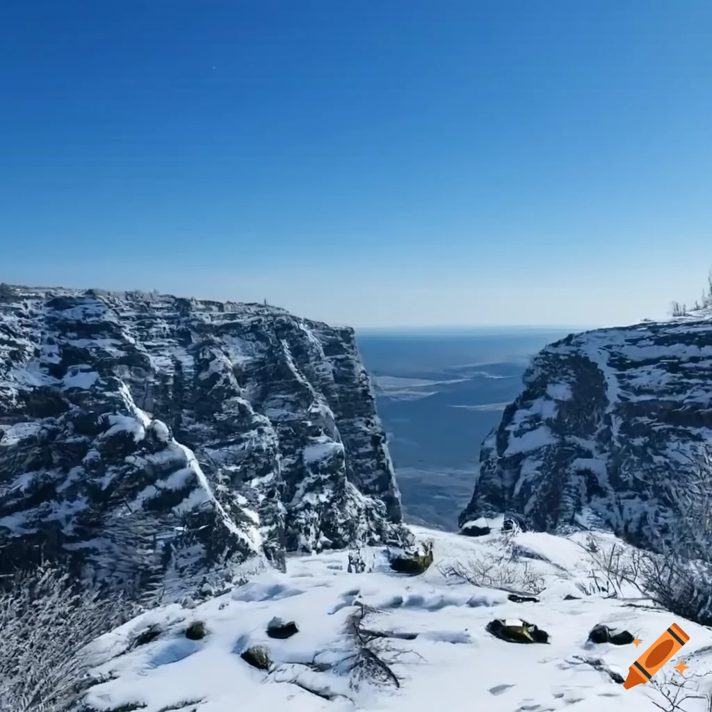 Snowy high cliff on a sunny day on Craiyon