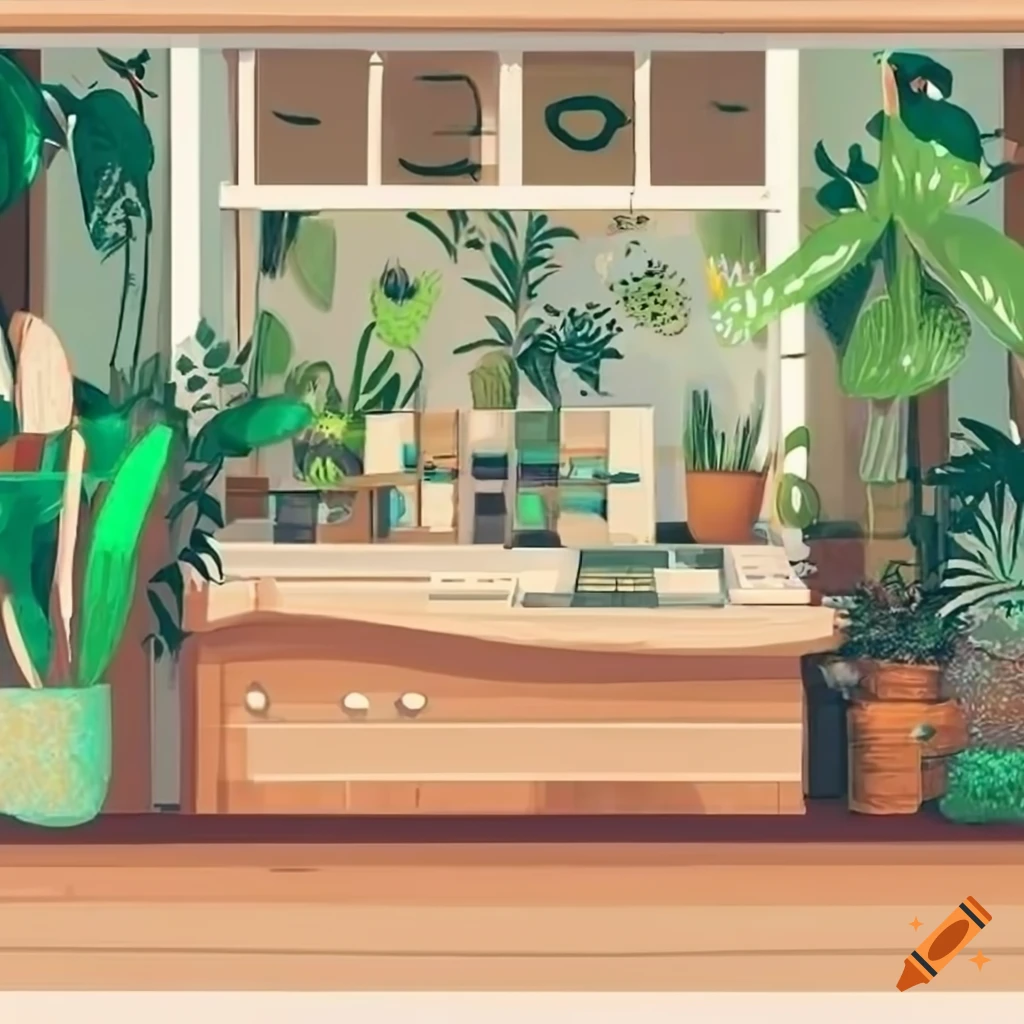 Boho surf/swim shop with wide windows, plants, and a wood counter in ...