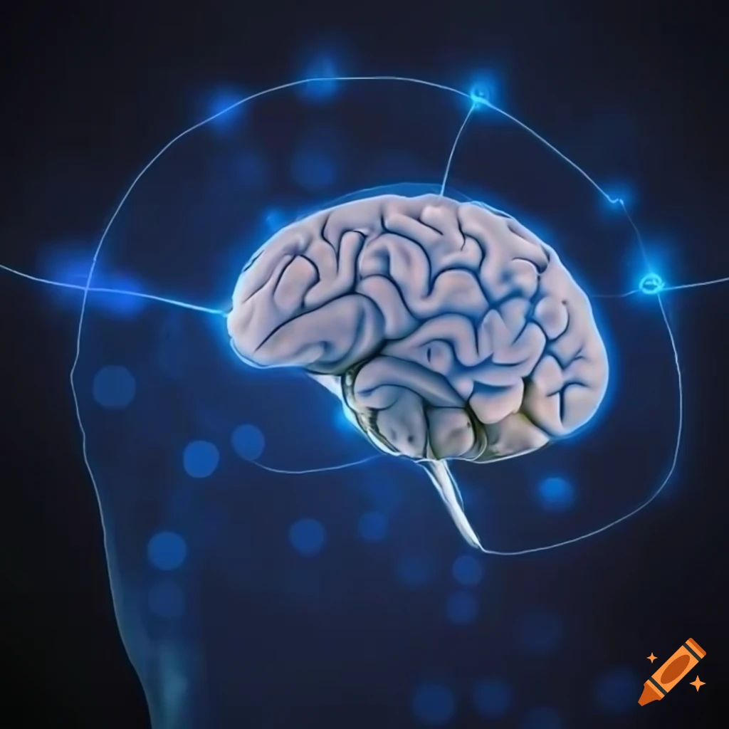 Stylized neural network over a human brain with blue emphasis on Craiyon