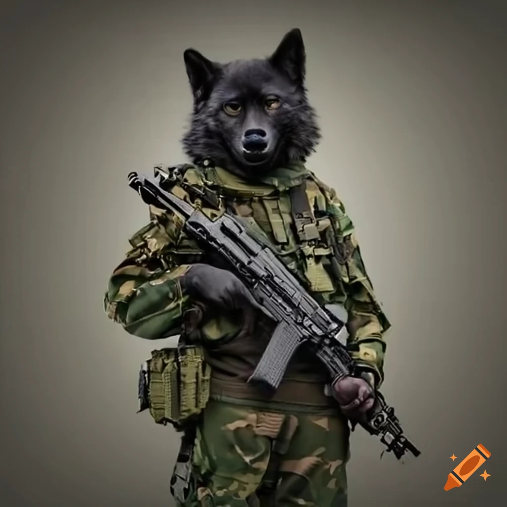 Black wolf with army medic backpack in a war zone on Craiyon