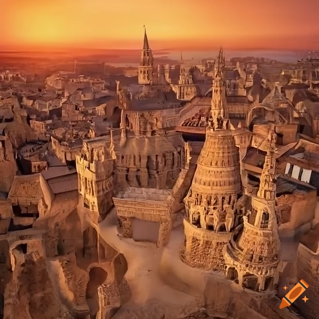 Medieval sandstone city in a desert at sunset viewed from above on Craiyon