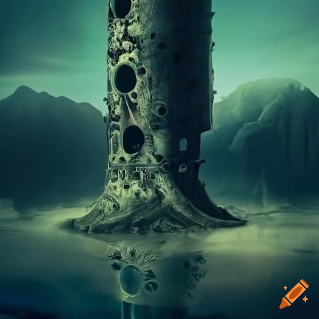 Surrealist landscape with random objects in an industrial alien design ...