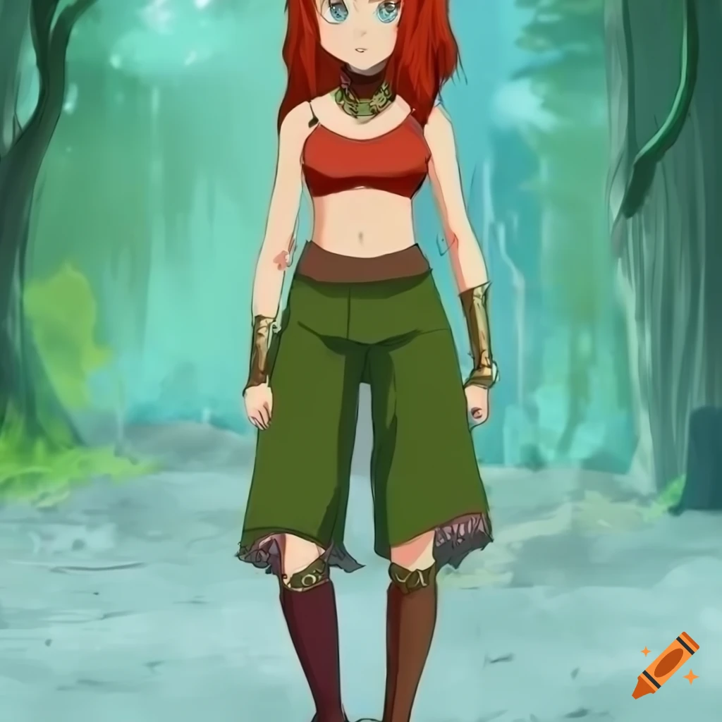 Female earthbender with red hair and crop top in anime style on Craiyon