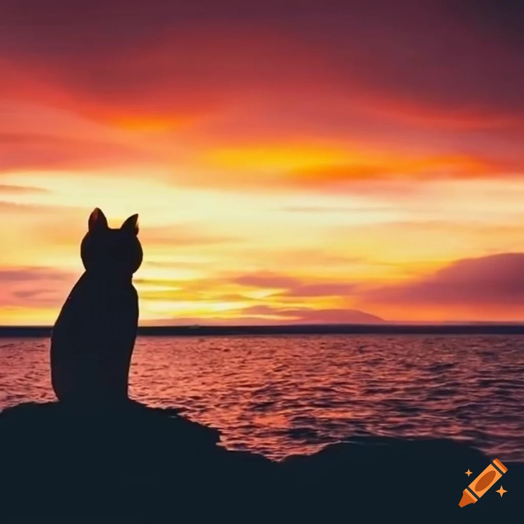 Cat looking at the sea sunset from behind on Craiyon