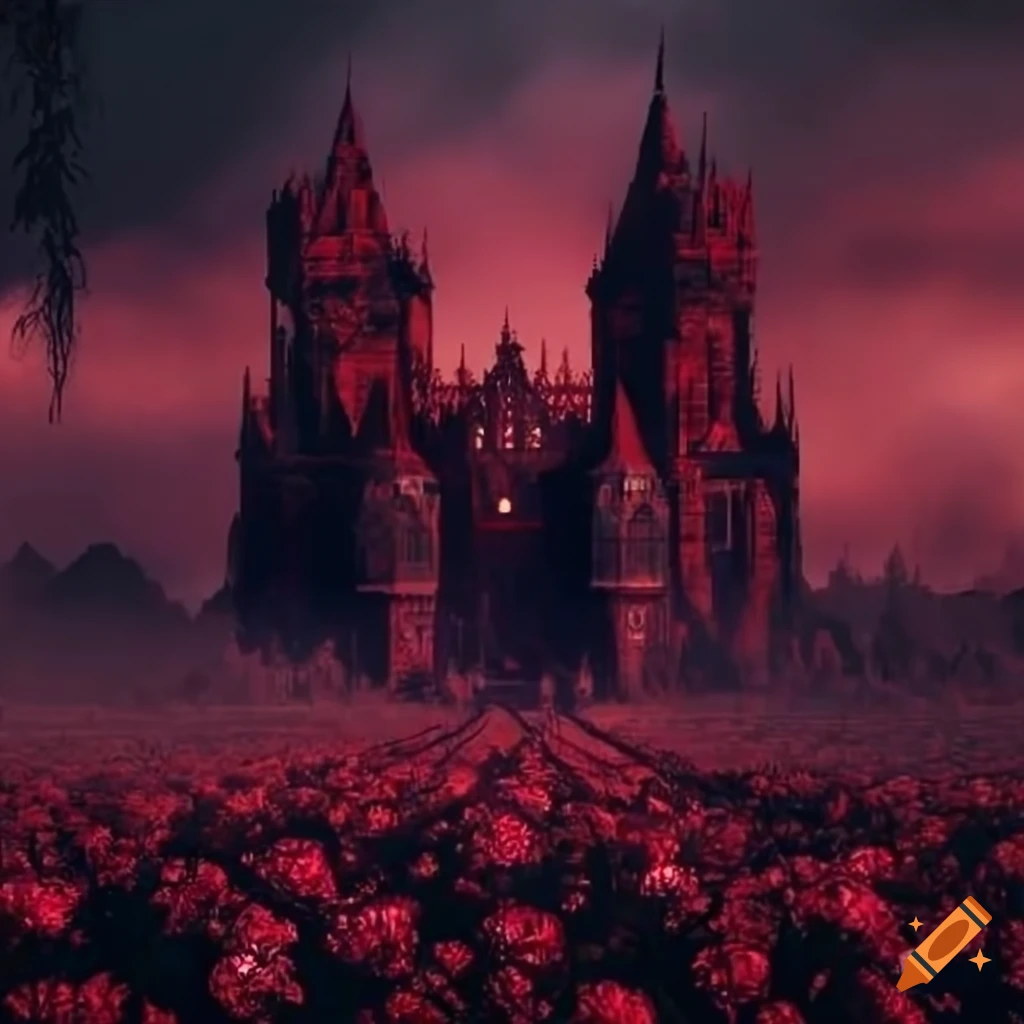 Dark red, black, and purple tower of roses in a hellish fortress ...